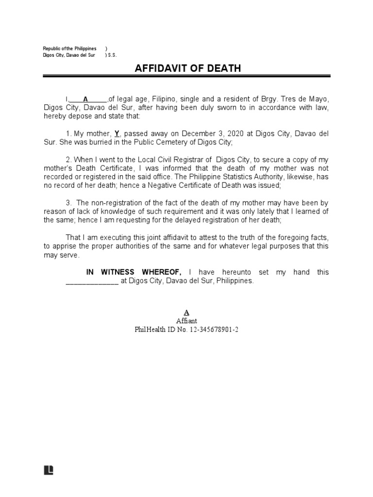 Affidavit of Death: IN WITNESS WHEREOF, I Have Hereunto Set My Hand ...