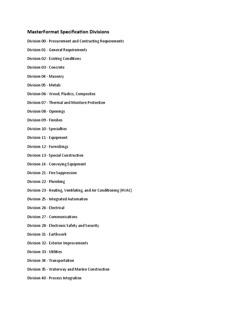 MasterFormat Specification Divisions | PDF