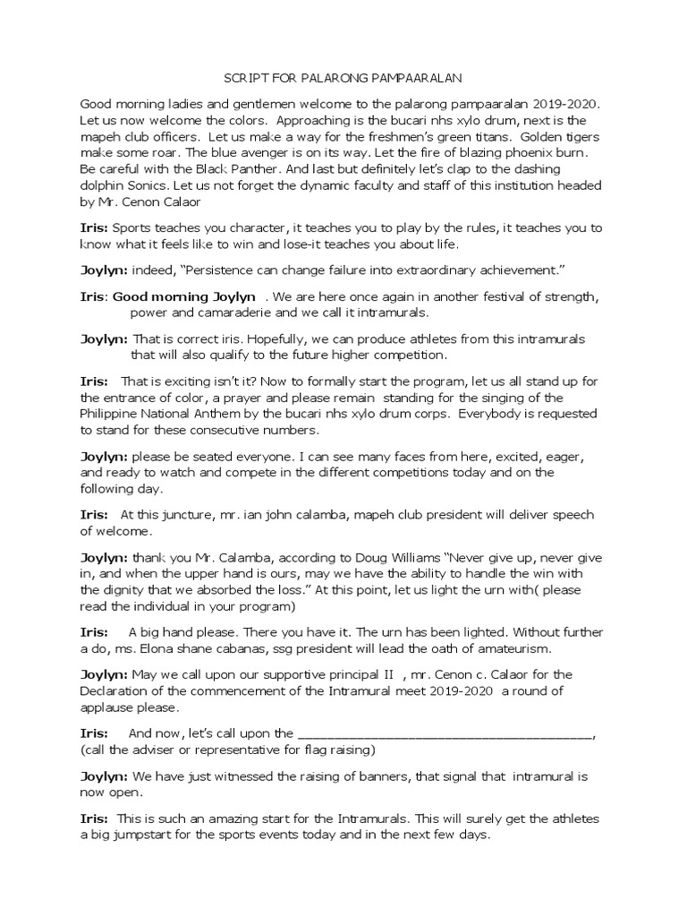 Script For Palarong Pampaaralan | PDF
