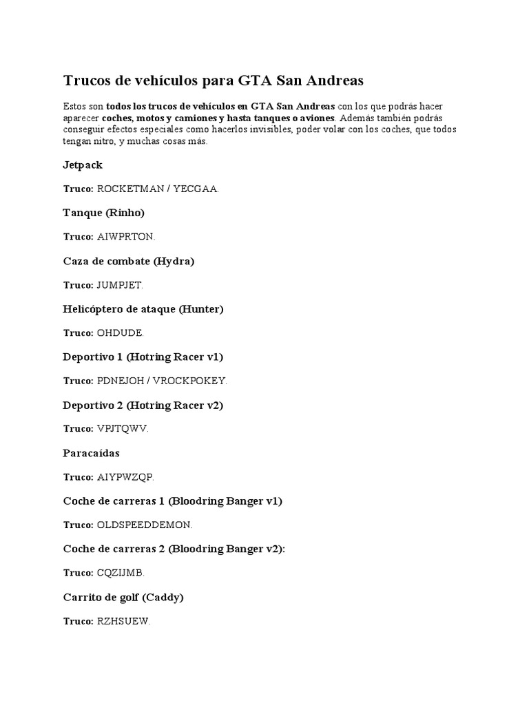 Trucos de Vehículos para GTA San Andreas | PDF