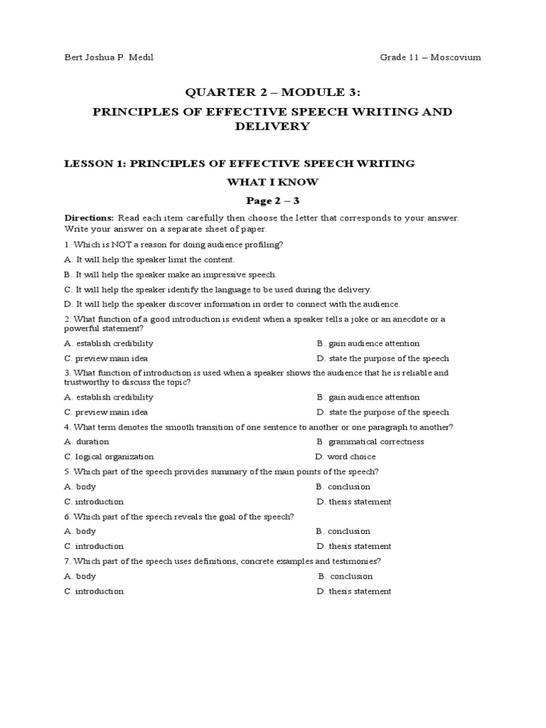 Quarter 2 - Module 3: Principles of Effective Speech Writing and ...