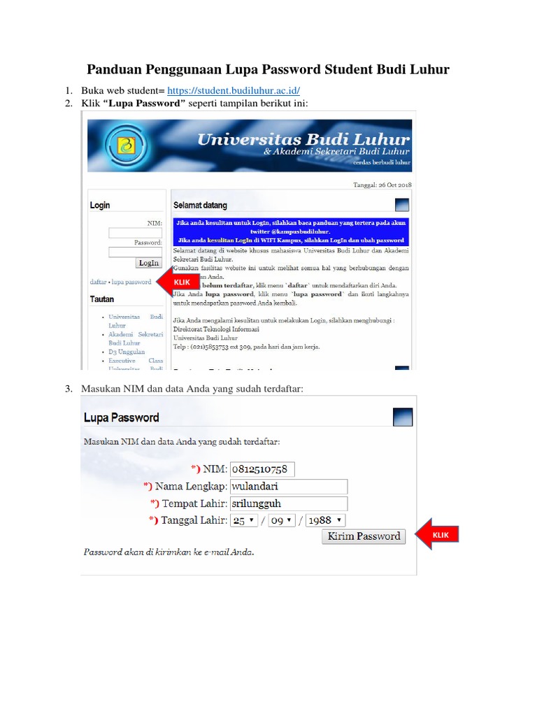 Panduan Penggunaan Lupa Password Web Student Budi Luhur | PDF