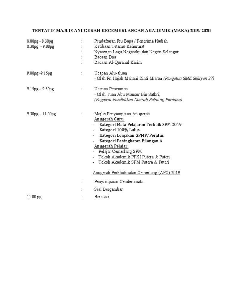 Tentatif Majlis Anugerah Kecemerlangan Akademik | PDF