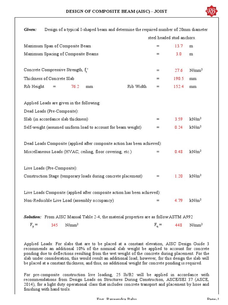 Detailed Composite Beam Design AISC | PDF | Beam (Structure) | Concrete