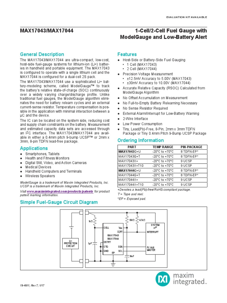 Max17043/Max17044 1-Cell/2-Cell Fuel Gauge With Modelgauge and Low ...