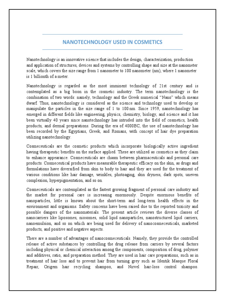 Nanotechnology Used in Cosmetics | PDF | Nanoparticle | Chemistry