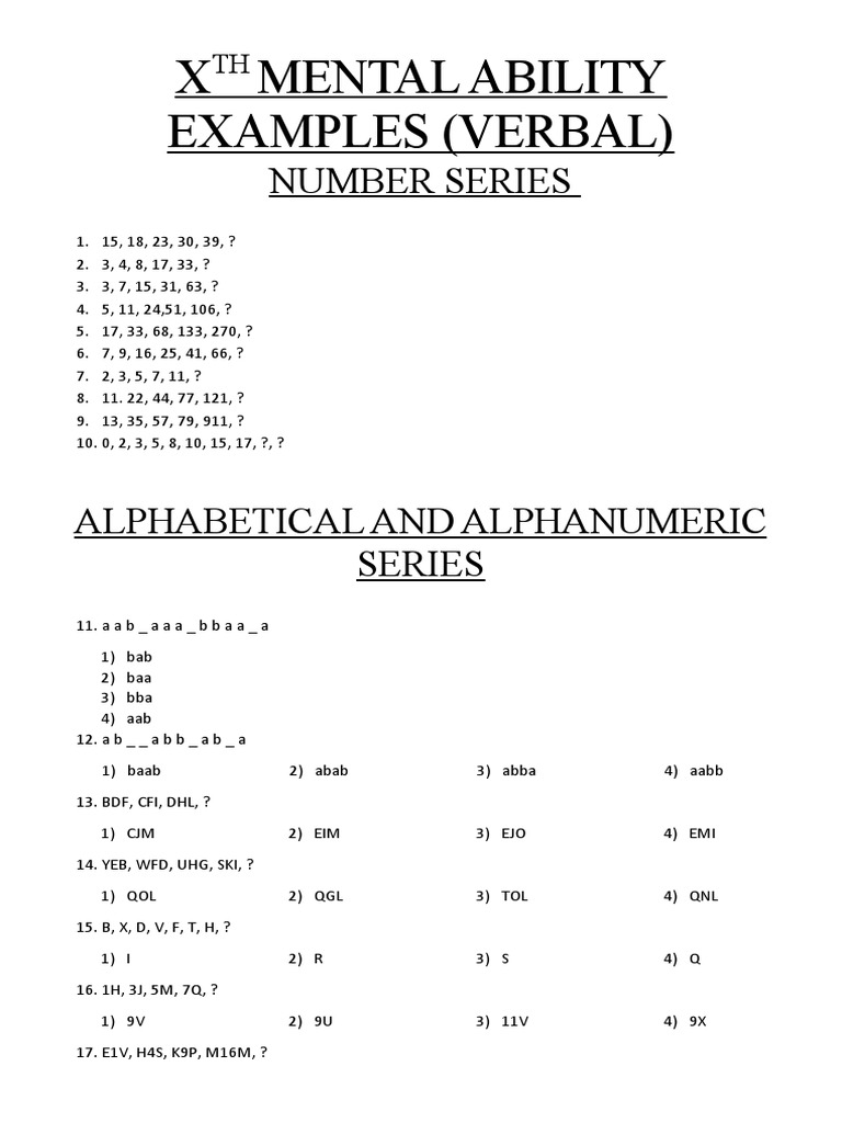 X Mental Ability Examples (Verbal) : Number Series | PDF ...