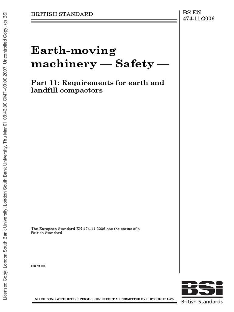 BS EN 474-11 - 2006 EARTH MOVING MACHINERY Safety Requirements For ...