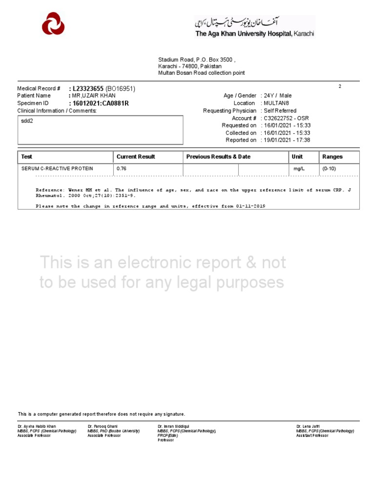 Serum C-Reactive Protein Test Results for Uzair Khan | PDF | C Reactive ...