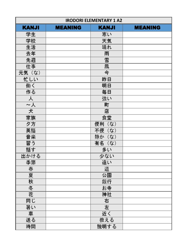 Kanji Meaning Kanji Meaning Irodori Elementary 1 A2 | PDF