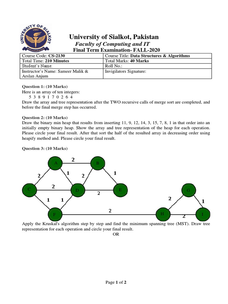 CS-2030 Data Structures & Algorithms FinalTerm-FAll 2020 | PDF
