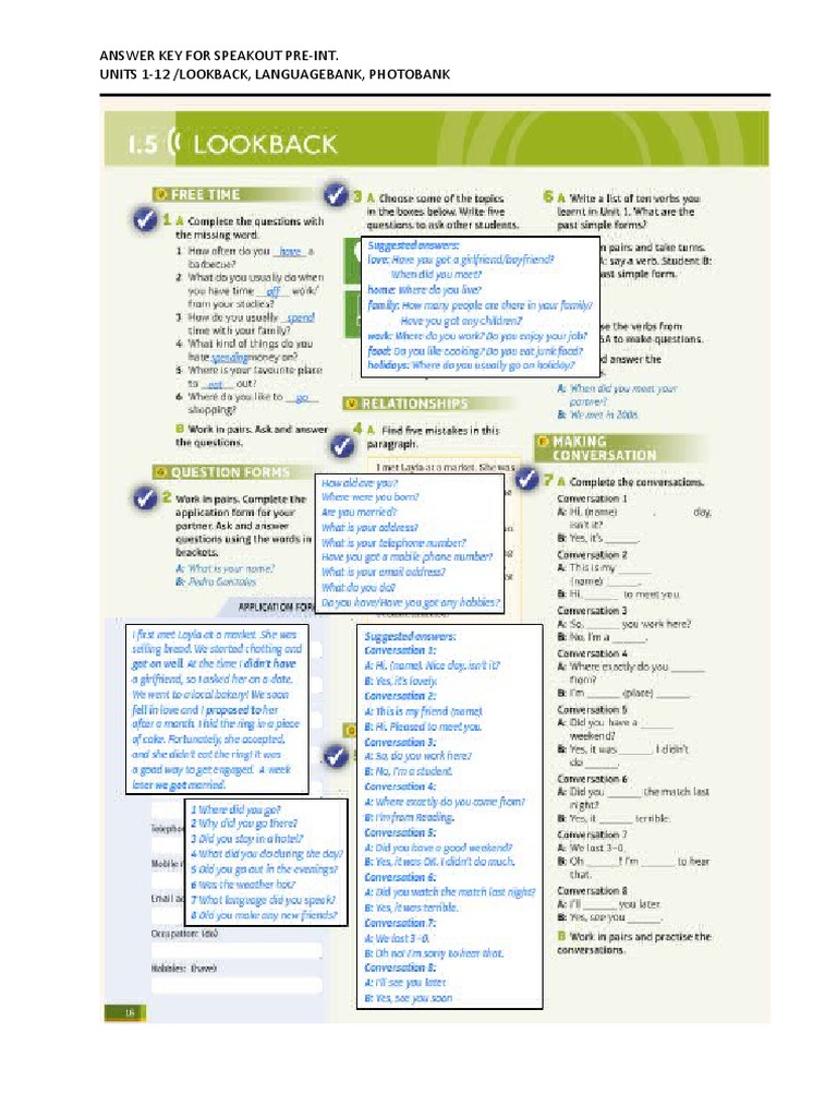 Answer Key For Speakout Pre-Int 1-12 | PDF