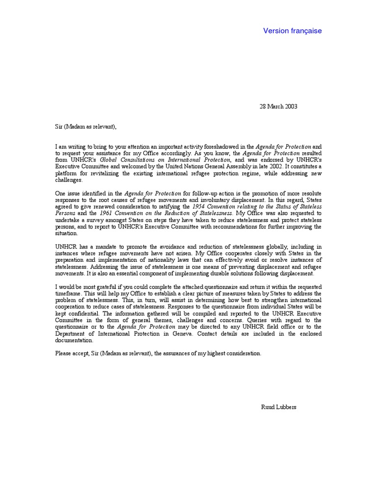 Advocay Letter | PDF | United Nations High Commissioner For Refugees ...