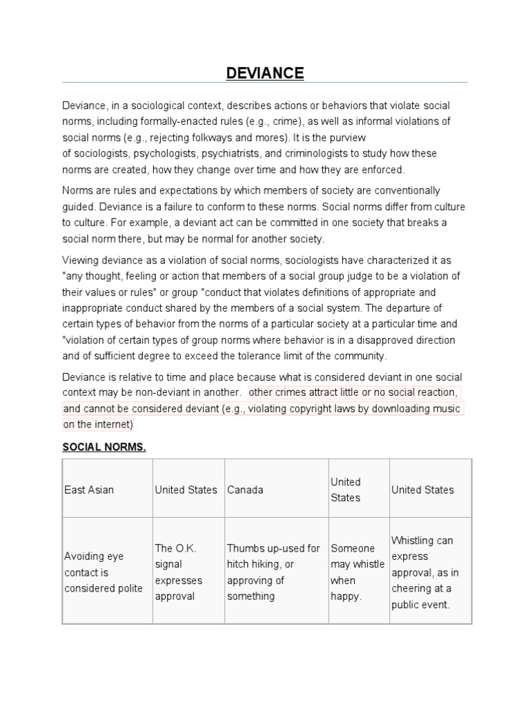 Deviance: Social Norms | PDF | Deviance (Sociology) | Crime & Violence