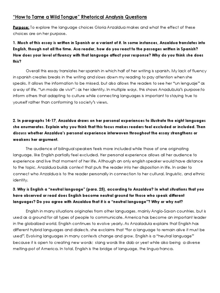 How To Tame A Wild Tongue Questions | PDF | English Language ...