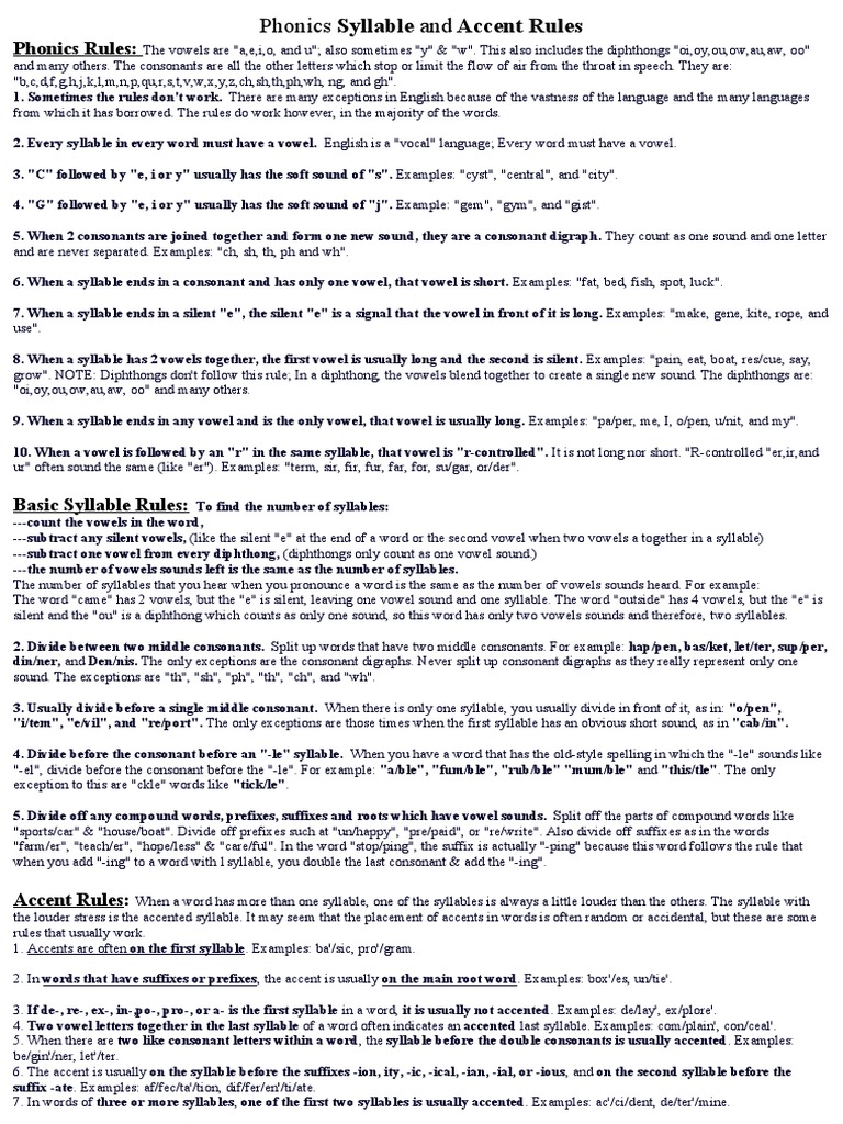Phonics Syllable & Accent Guide | PDF | Stress (Linguistics) | Consonant
