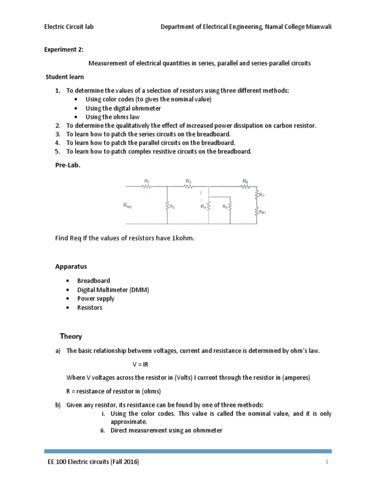 Pre-Lab.: Experiment 2 | PDF | Resistor | Series And Parallel Circuits