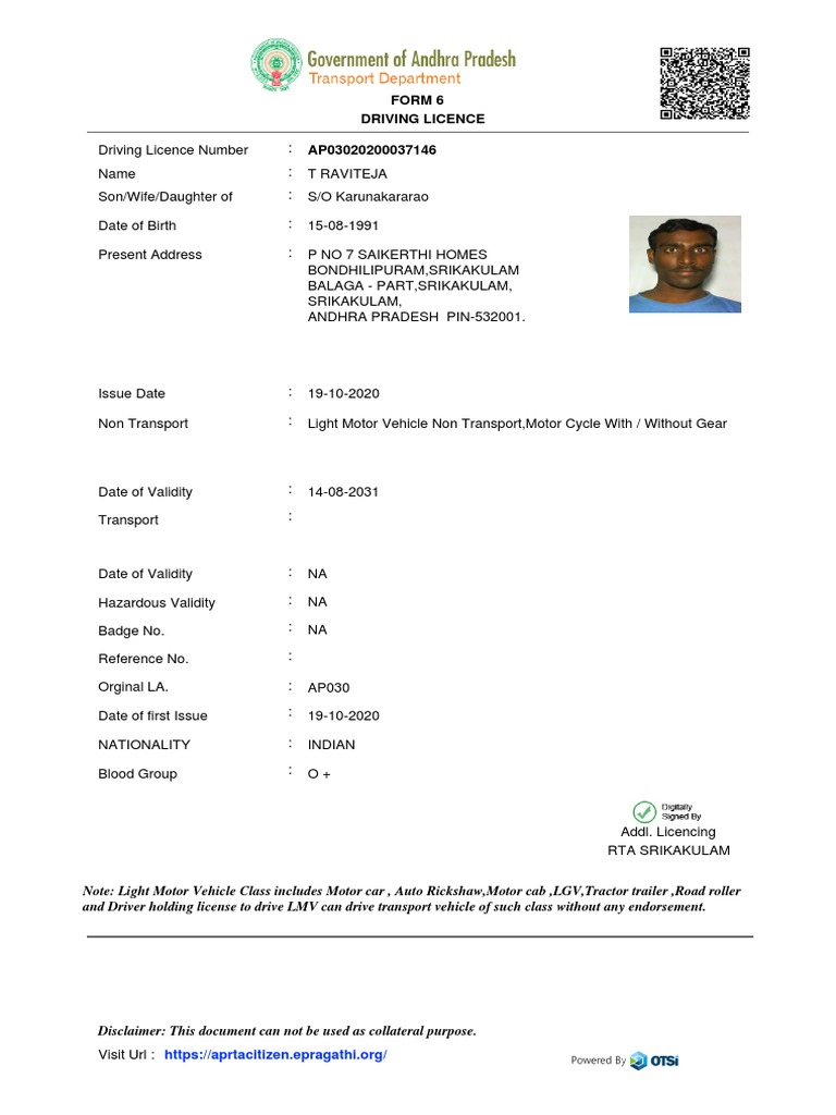 Form 6 Driving Licence AP03020200037146 | PDF