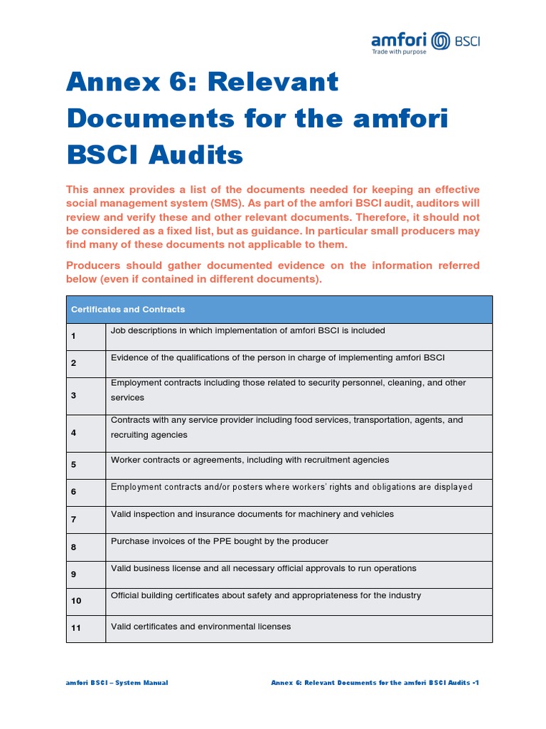Annex 6 Documents To Prepare For The Amfori BSCI Audit | PDF ...