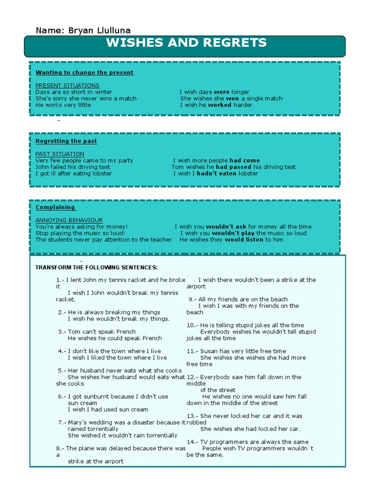 Wishes and Regrets Exercises Guide | PDF