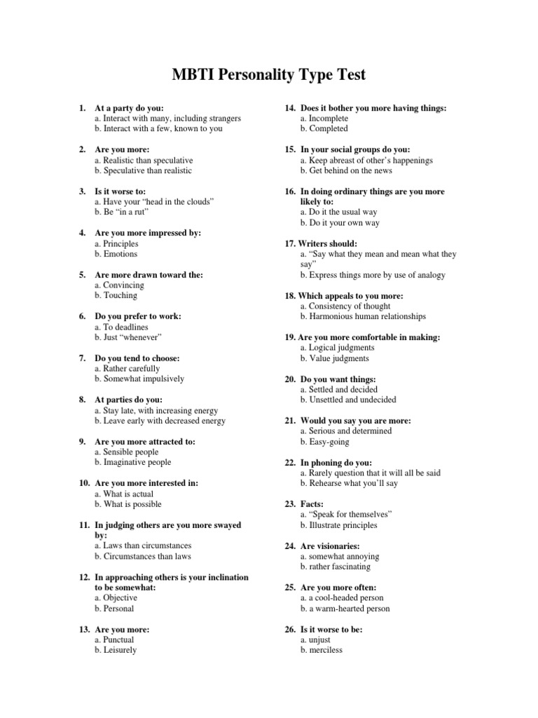 Mbti Personality Type Test Short Version Pdf Extraversion And