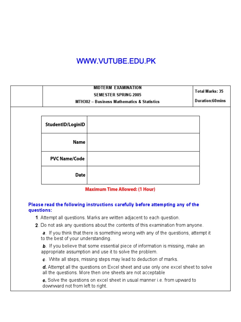 Business Mathematics & Statistics - MTH302 Spring 2005 Mid Term Paper ...