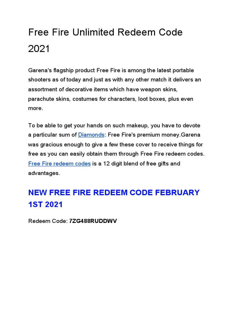 Free Fire Unlimited Redeem Codes | PDF
