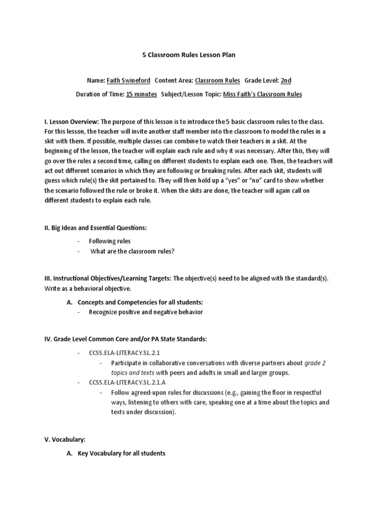 5 Rules Lesson Plan 1 | PDF | Classroom | Lesson Plan
