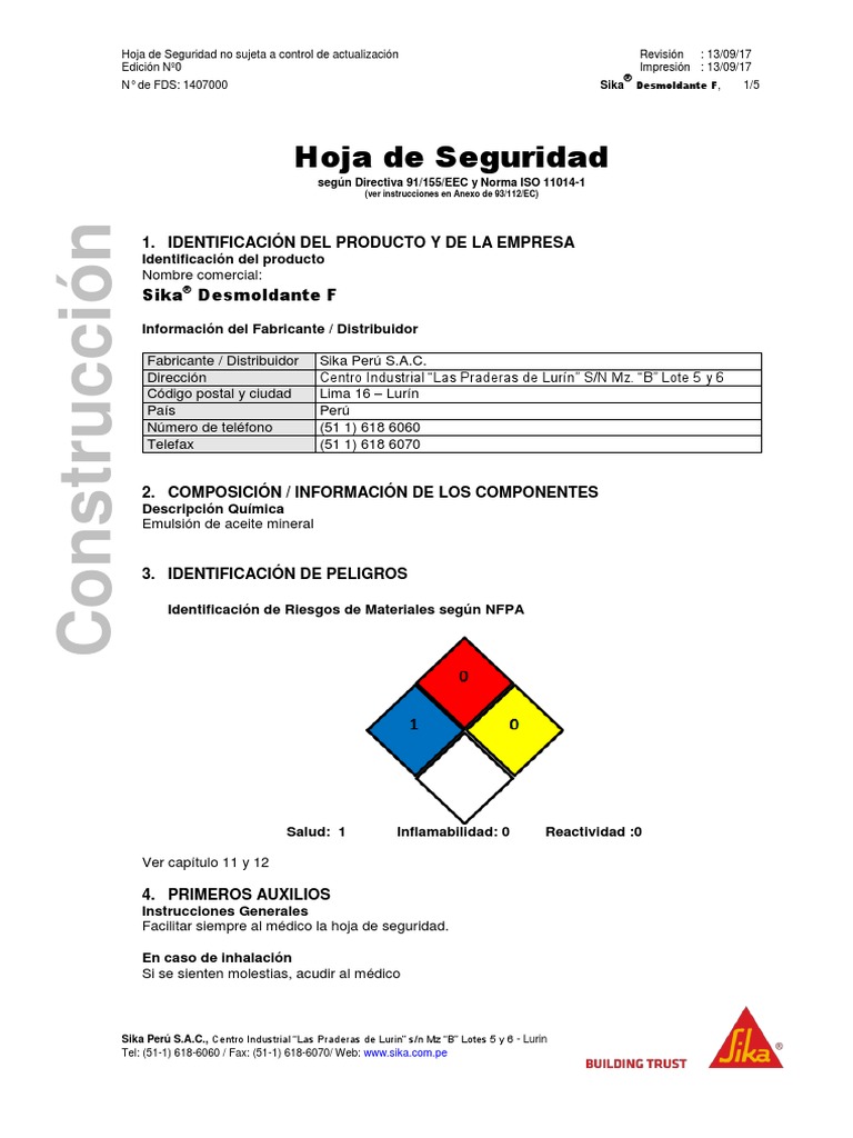 Hoja de Seguridad Desmoldante | PDF | Dióxido de carbono | Agua