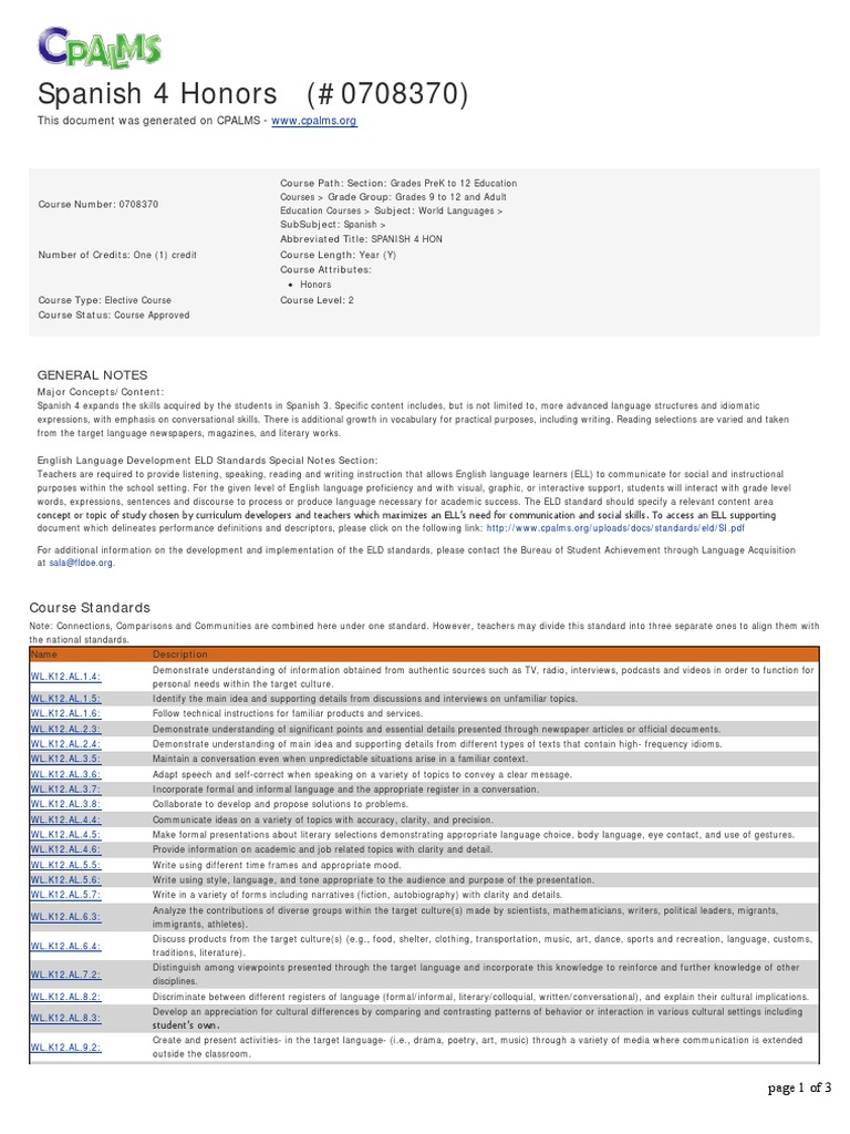 Spanish 4 Honors - 0708370 - Standards Pacing Guide | PDF | English As ...