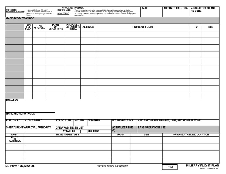 Military Flight Plan DD Form 175 | PDF | Aviation Accidents And ...