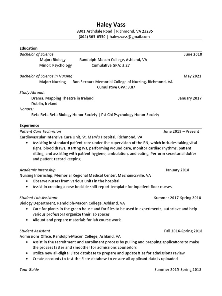 Haley Vass Resume | PDF | Nursing | Hospital
