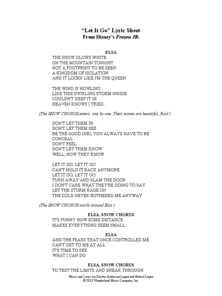 "Let It Go" Lyric Sheet: From Disney's Frozen JR | PDF | Entertainment ...
