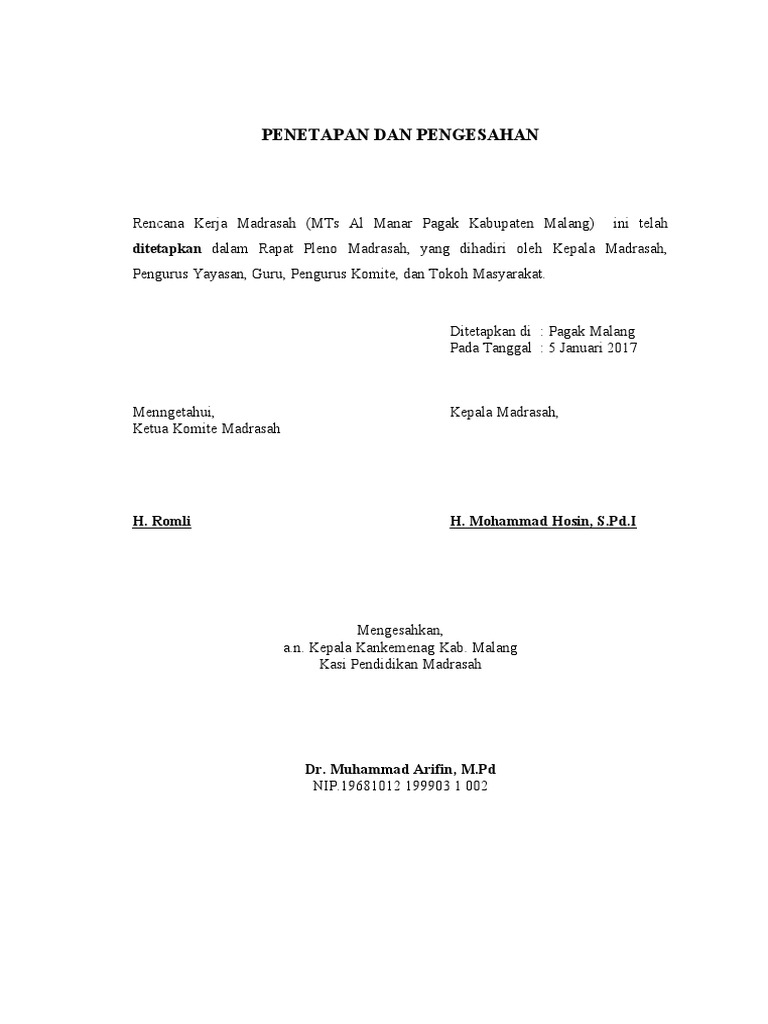 Pengesahan RKM MI MTs | PDF