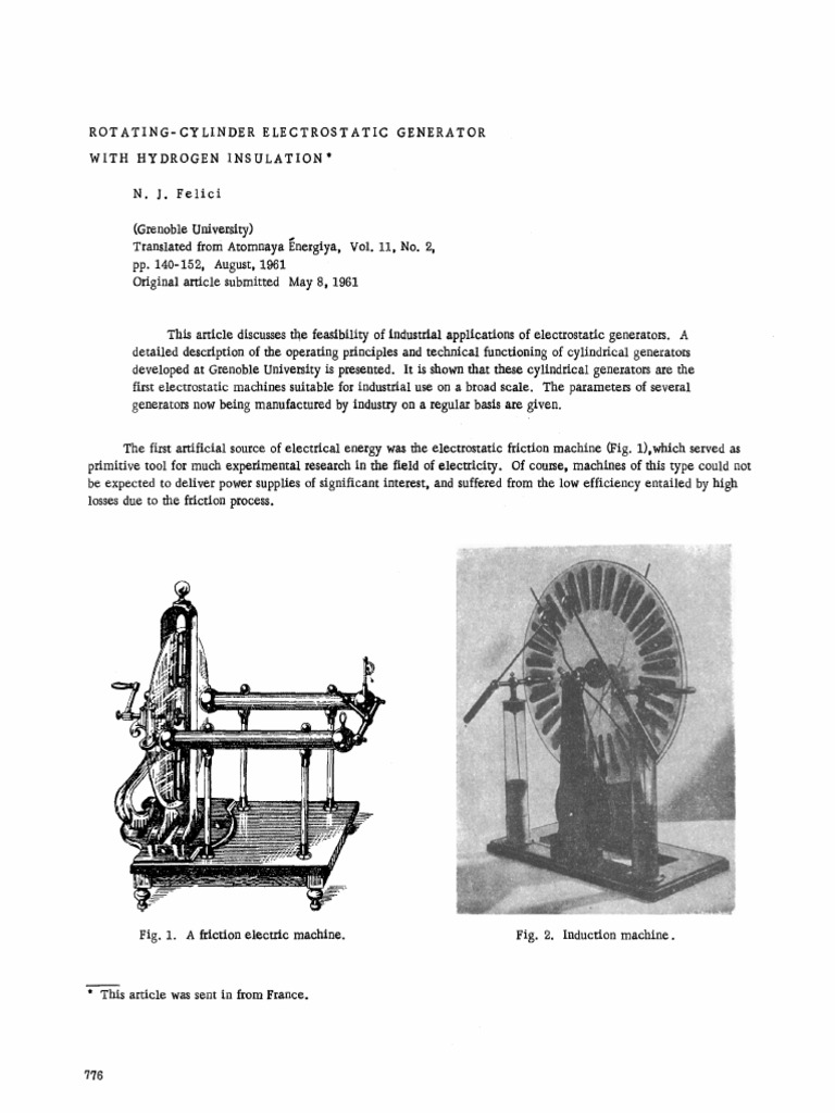 Rotating-Cylinder Electrostatic Generator With Hydrogen Insulation. N ...