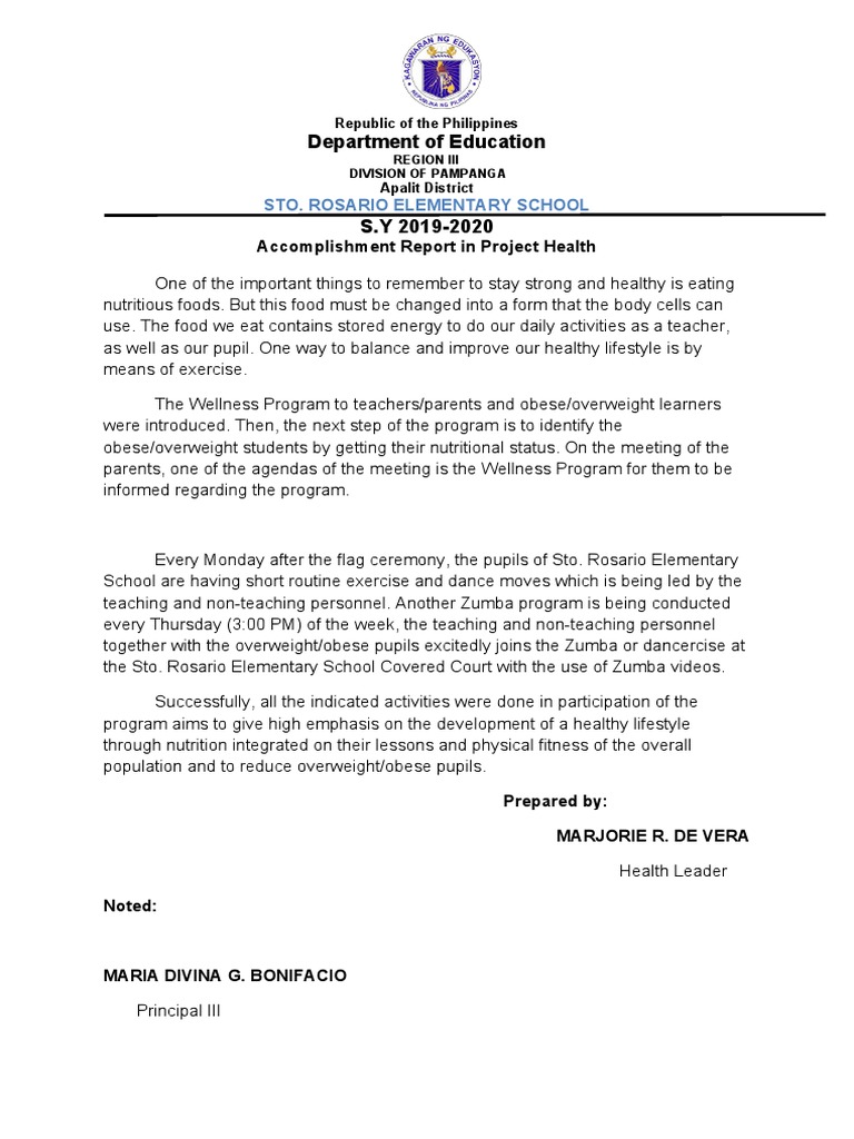 Department of Education: Accomplishment Report in Project Health | PDF