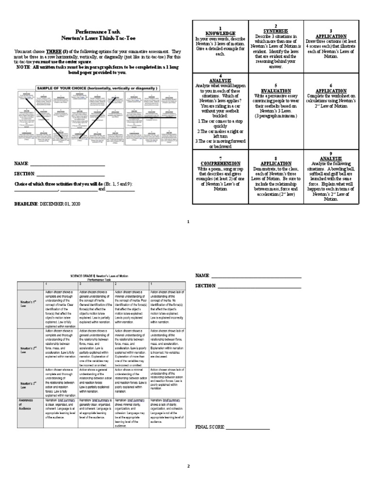 Newton's Laws Think-Tac-Toe: Performance Task | PDF | Newton's Laws Of ...