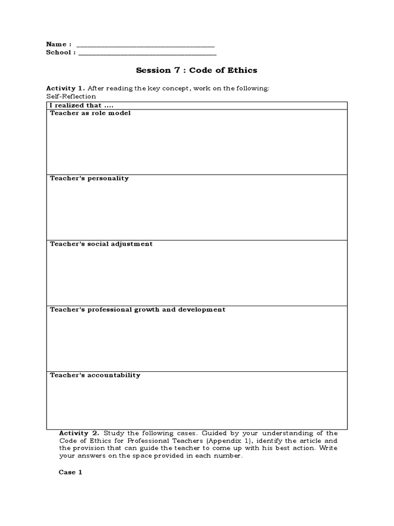 Session 7: Code of Ethics: Self-Reflection | PDF | Teachers