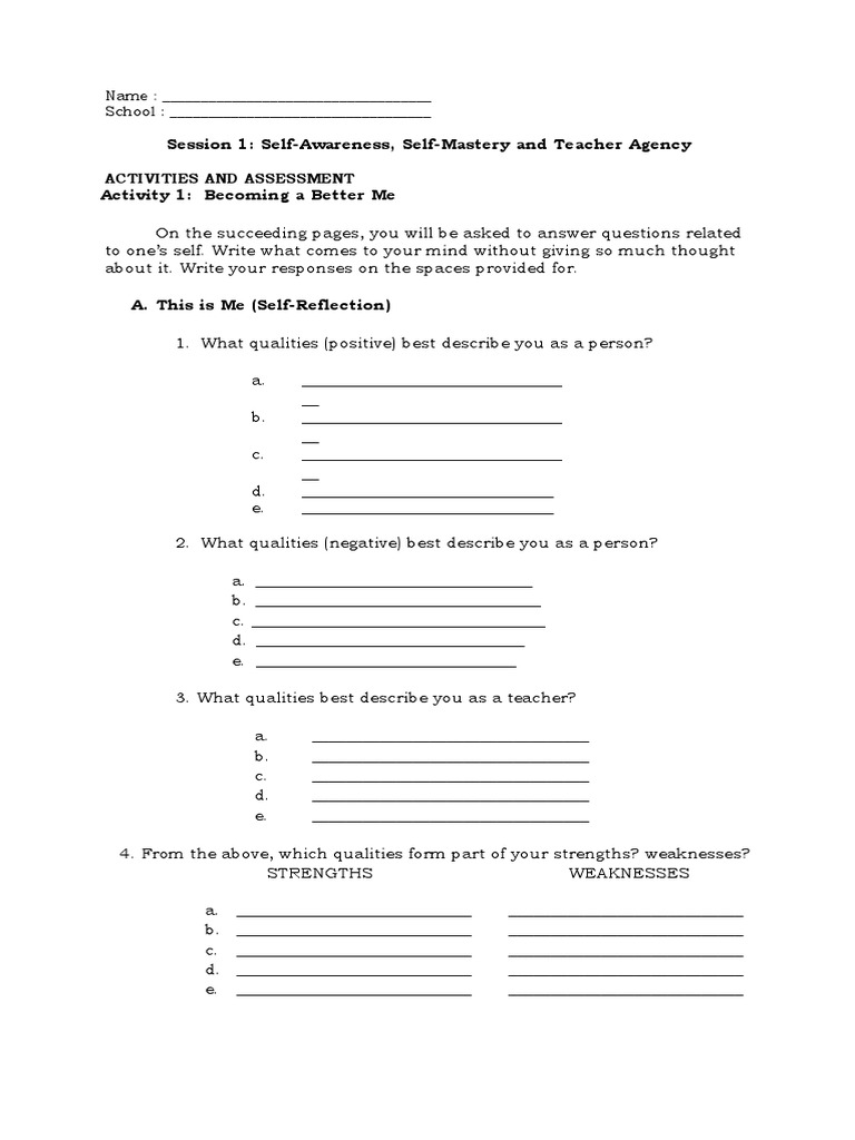 Session 1: Self-Awareness, Self-Mastery and Teacher Agency | PDF ...