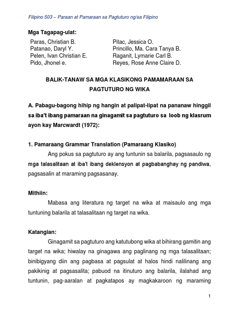 V. BALIK TANAW SA MGA KLASIKONG PAMAMARAAN SA PAGTUTURO NG WIKA 8 ... V. BALIK TANAW SA MGA KLASIKONG PAMAMARAAN SA PAGTUTURO NG WIKA 8 ...