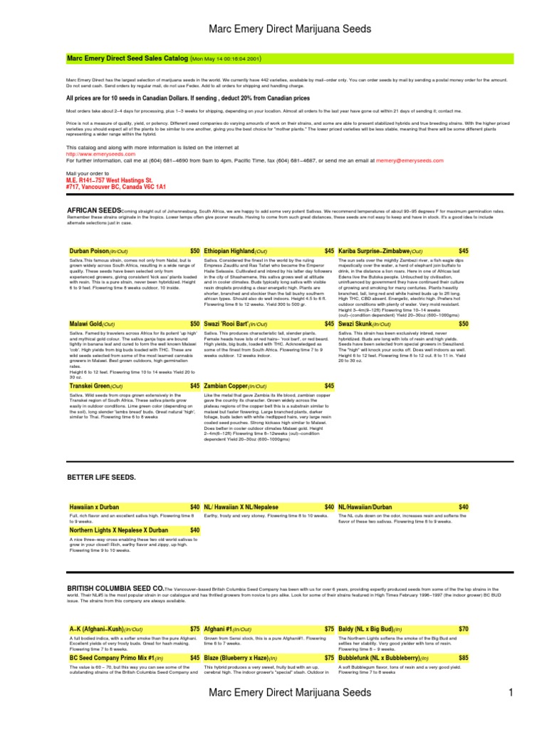 Marc Emery Seeds Catalog | PDF | Cannabis | Medicinal Plants