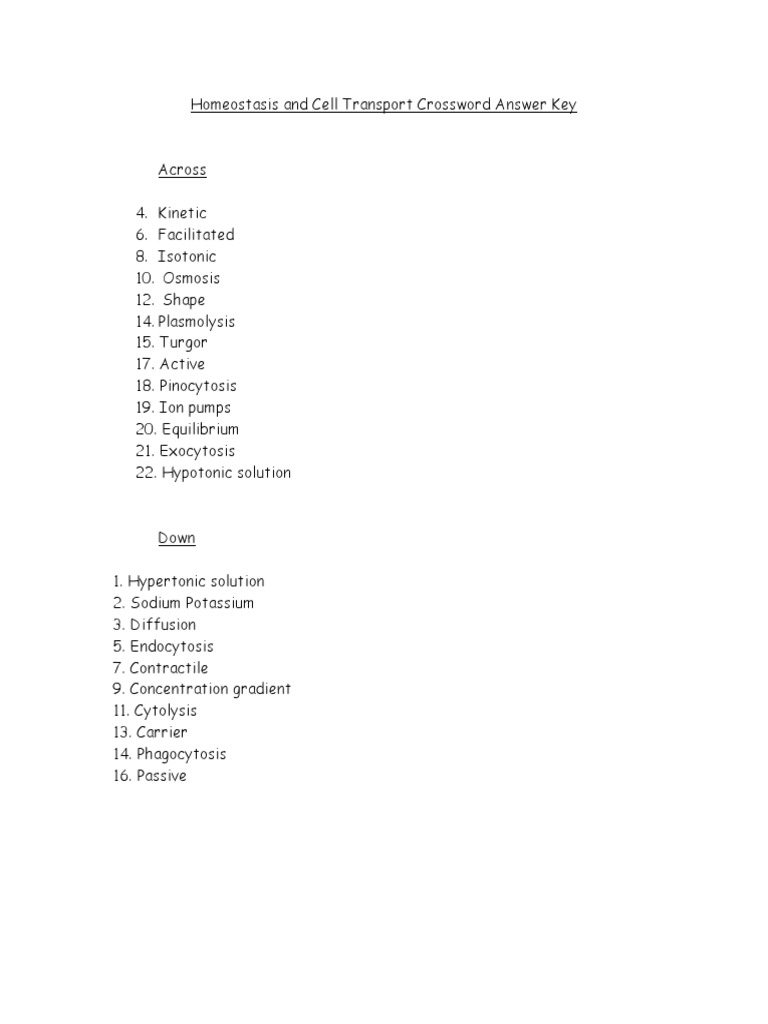 Homeostasis and Cell Transport Crossword Answer Key | PDF