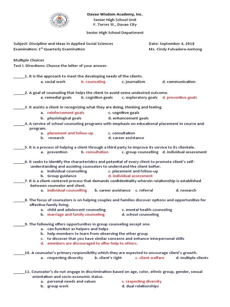 Diass Quarterly Exam Pdf School Counselor Foster Care