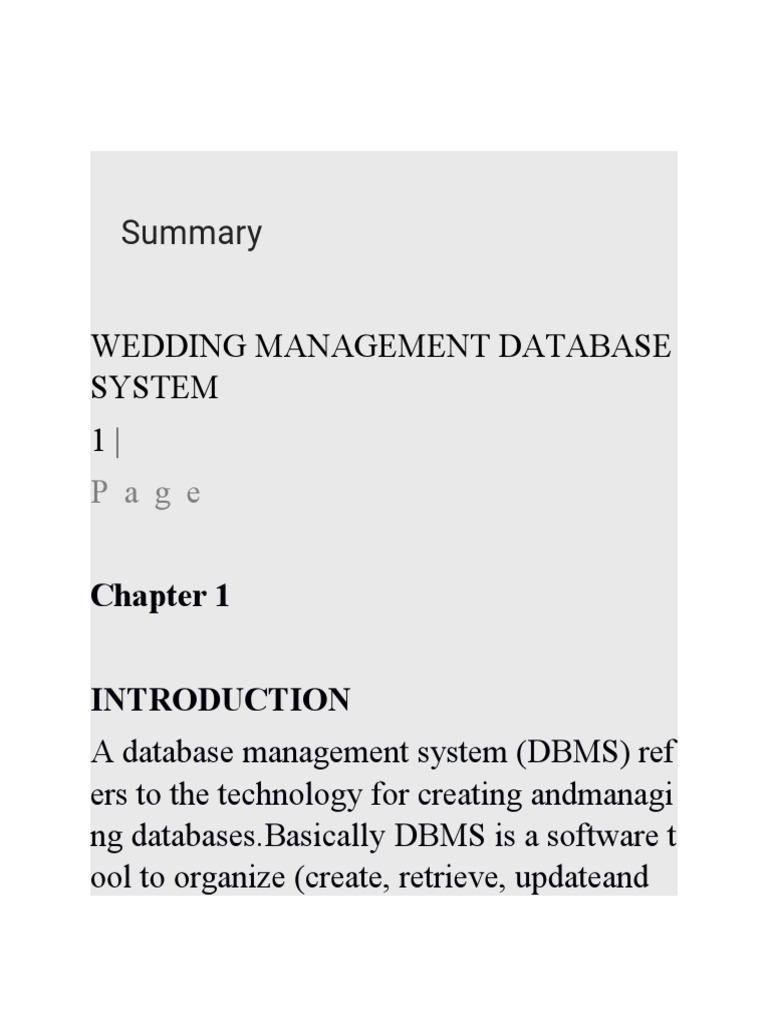 Wedding Management Database System 1 - : P A G E | PDF | My Sql | Databases