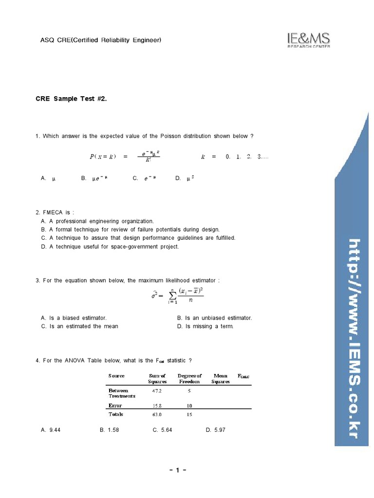 CRE Sample Test #2.: P X K e K K | PDF | Reliability Engineering ...