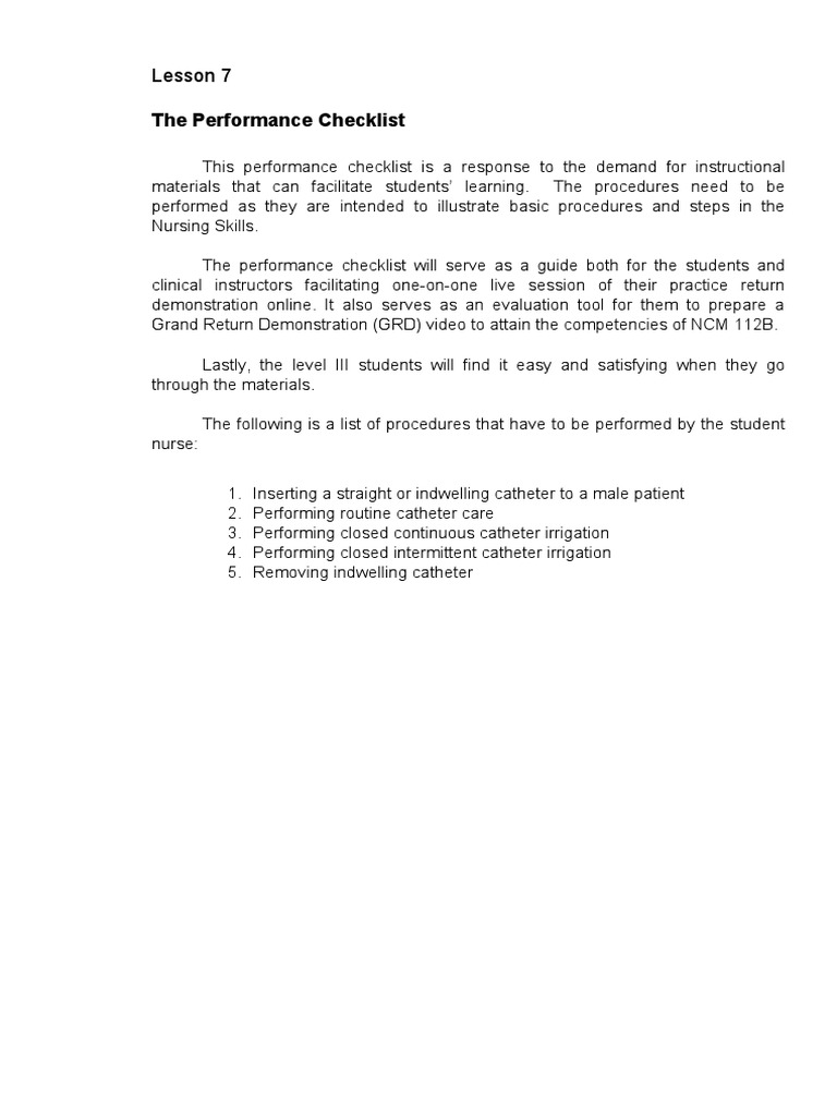 The Performance Checklist: Lesson 7 | PDF | Catheter | Surgery