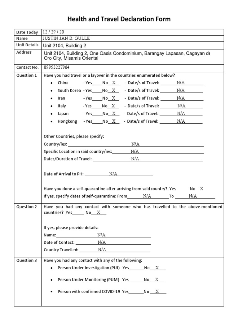Health and Travel Declaration Form | PDF | Public Health | Diseases And ...