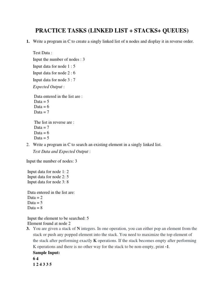 Practice Tasks (Linkedlist+stacks+queues) | PDF | Queue (Abstract Data ...
