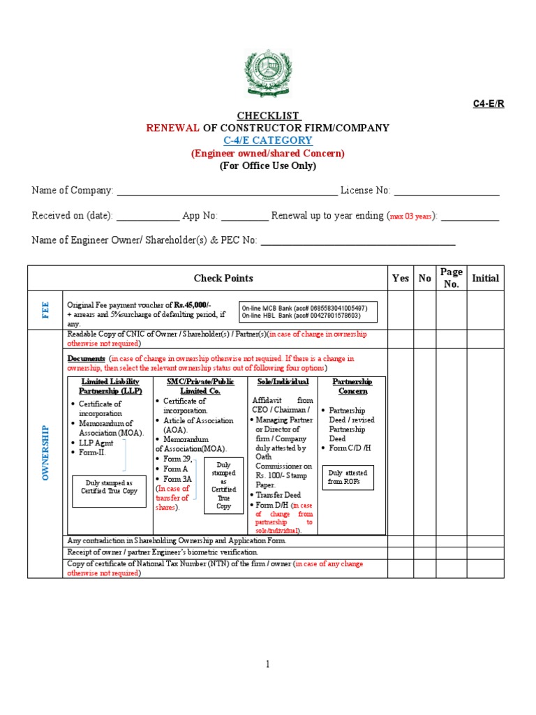Renewal (Engineer Owned/shared Concern) : Checklist of Constructor Firm ...