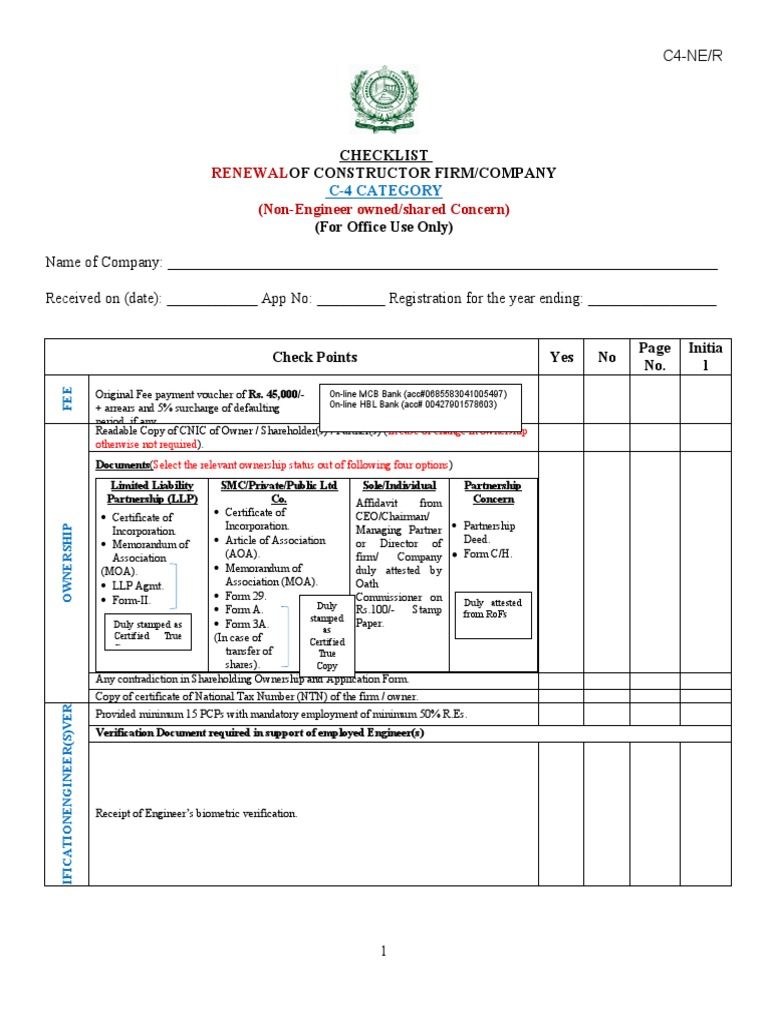 Renewal (Non-Engineer Owned/shared Concern) : Checklist of Constructor ...
